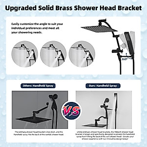 Hibbent All Metal 10'' Rainfall Shower Head, Square Shower Head Combo, High Pressure Handheld Shower Wand, 16'' Adjustable Arc-shaped Shower Extension Arm, 71'' Hose, 2 Showerhead Holders, Matte Black