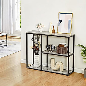 WOHOMO Console Table, 12 Inch Narrow Sofa Table with 3-Tier Storage Shelves, 40 Inch Industrial Entryway Table for Living Room, Corridor, Hallway, Grey Marble