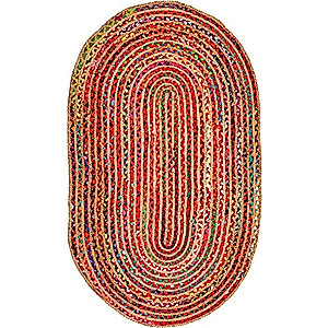KEMA Jute Cotton Multi Chindi Braid Rug 2X3' Feet, Multi Color, Hand Woven & Reversible for Living Room Kitchen Entryway Rug,Jute Burlap Cotton Rag Rug 24x36 inch, Farmhouse Rag Rug, Rustic Rug