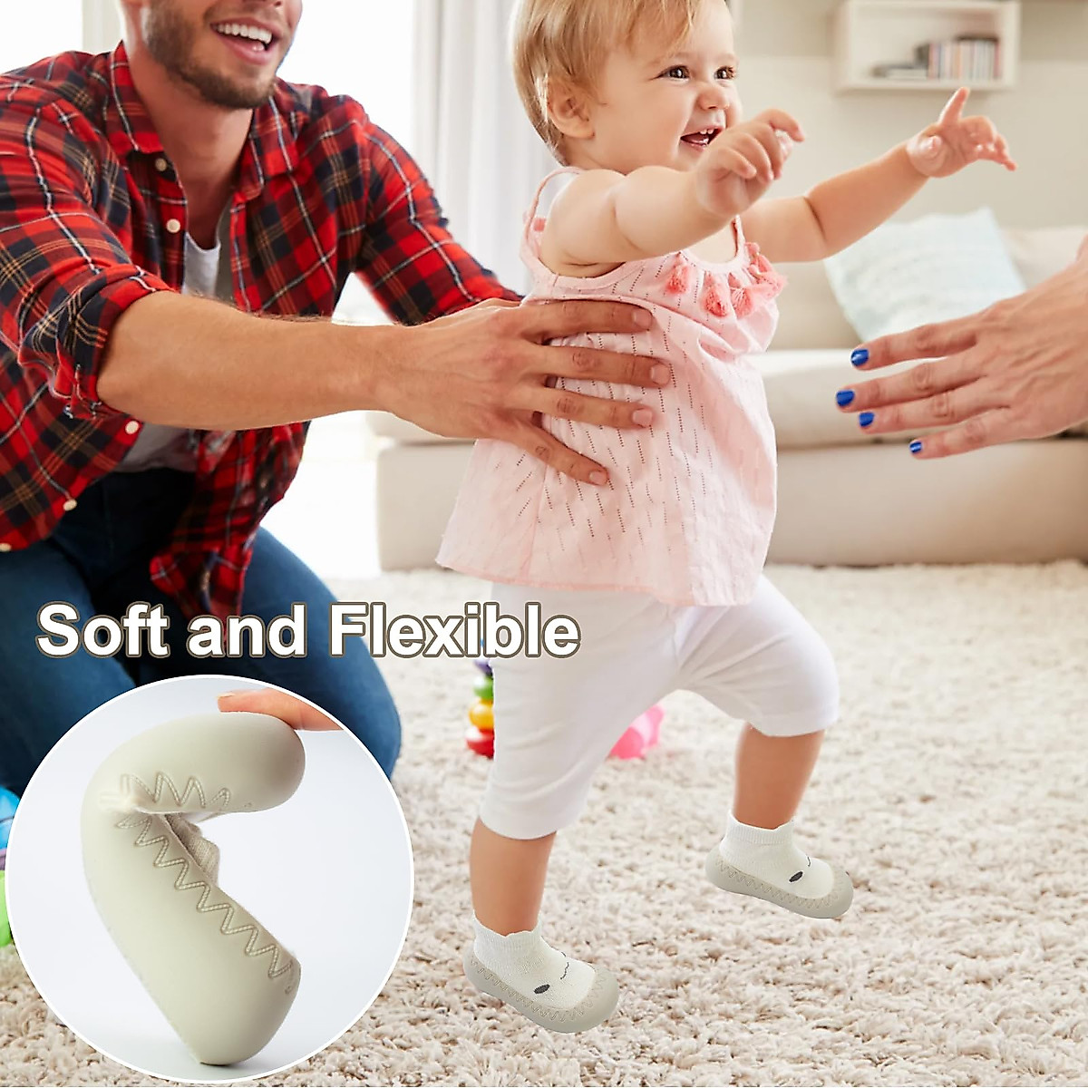 Dexspoeny Baby Sock Shoes 12-18 Months, 2 Pairs Shoes-Baby Girl Shoes Infant Shoes Non Slip Slippers With Grippy Socks for Toddlers Infants Boys Girls Footwear