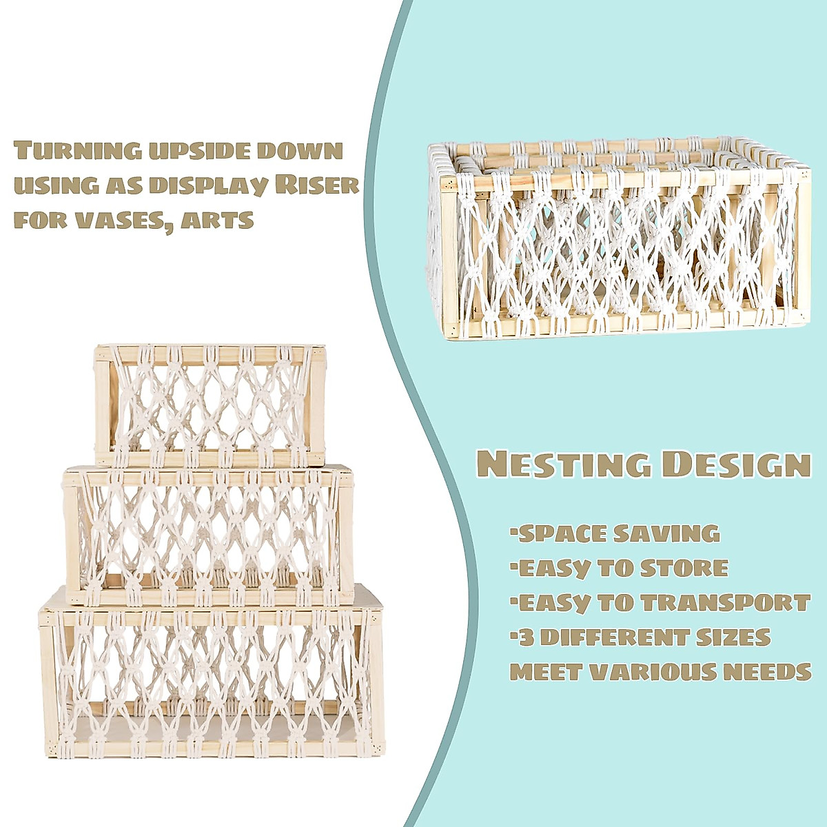 Wongblee Macrame Storage Baskets Set of 3, Decorative Wood Baskets, Nesting Organizer Boxes for Shelves, Boho Room Décor