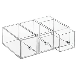 mDesign Plastic Kitchen Pantry Stackable Storage Organizer Container Station with 3 Drawers for Cabinet, Countertop, Holds Coffee, Tea, Sugar Packets, Creamers - Lumiere Collection - 2 Pack - Clear