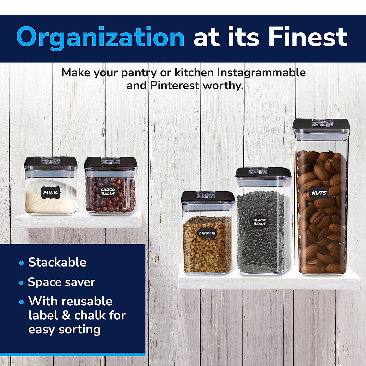 Airtight Food Storage Containers Set with Lids - 7 PCS Home and Kitchen Pantry Organization and Storage - Plastic Canisters for Dry Food, Sugar and Flour - BPA Free Storage bins with Labels, Marker and Ziploc Bags