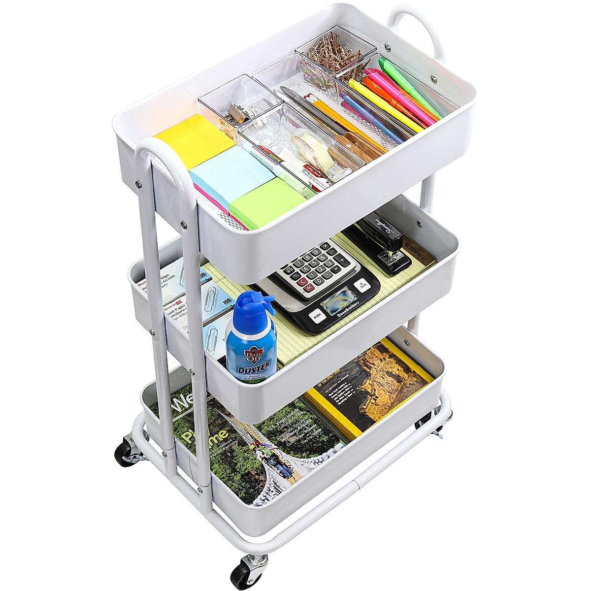 SimpleHouseware Heavy Duty 3-Tier Metal Utility Rolling Cart + 6 Pack - Plastic Desk Drawer Organizers
