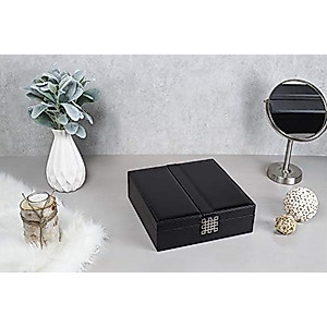 Glenor Co 12 Section Necklace Organizer - Large Mirror - 2 Trays - PU Leather - Black - Classic Jewelry Box - Modern Buckle Closure - Fits Necklace & Bracelet - Jewelry Holder for Women Teens & Girls