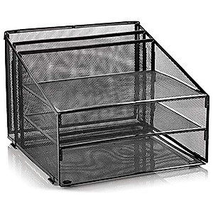 Metal Office Desk Organizer 3-Tier, Mesh Desktop Document and A4 File Holder with 3 Flat Trays and 2 Upright Compartments, Steel Mail Organizer for Desk Top Accessories, Stationery, Paper, Black