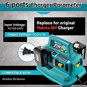 【Charge Choose Button & Wall Hole】 Replacement 6 Port Charger for Makita 18V Six Port Lithium-Ion Charger Fast Charge with Power Button,6 LED Indicators