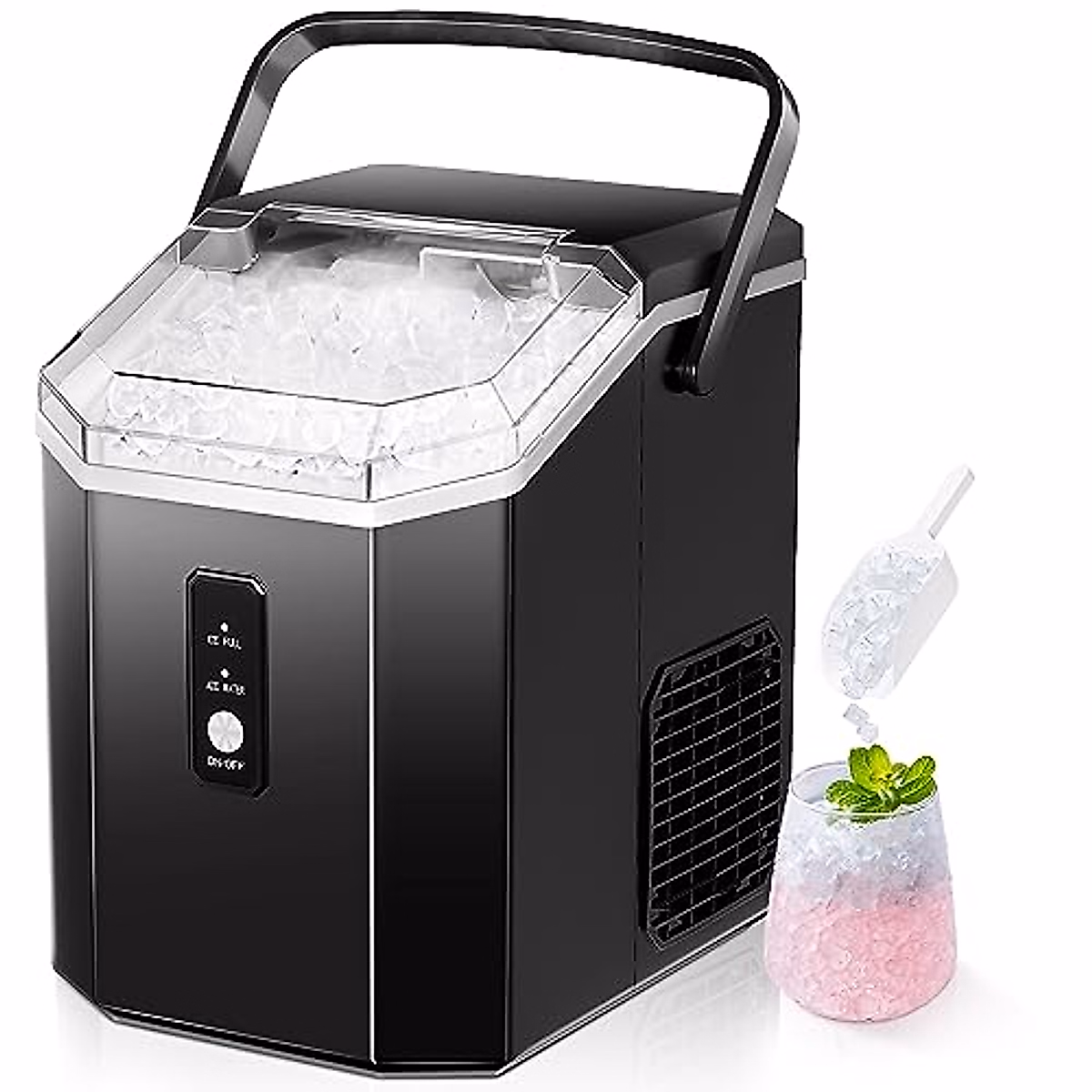 EUHOMY Nugget Ice Maker Countertop with Handle, Ready in 6 Mins, 33lbs/24H, Removable Top Cover, Auto-Cleaning, Portable Pebble Ice Maker with Basket and Scoop, for Home/Party/Camping. (Black)