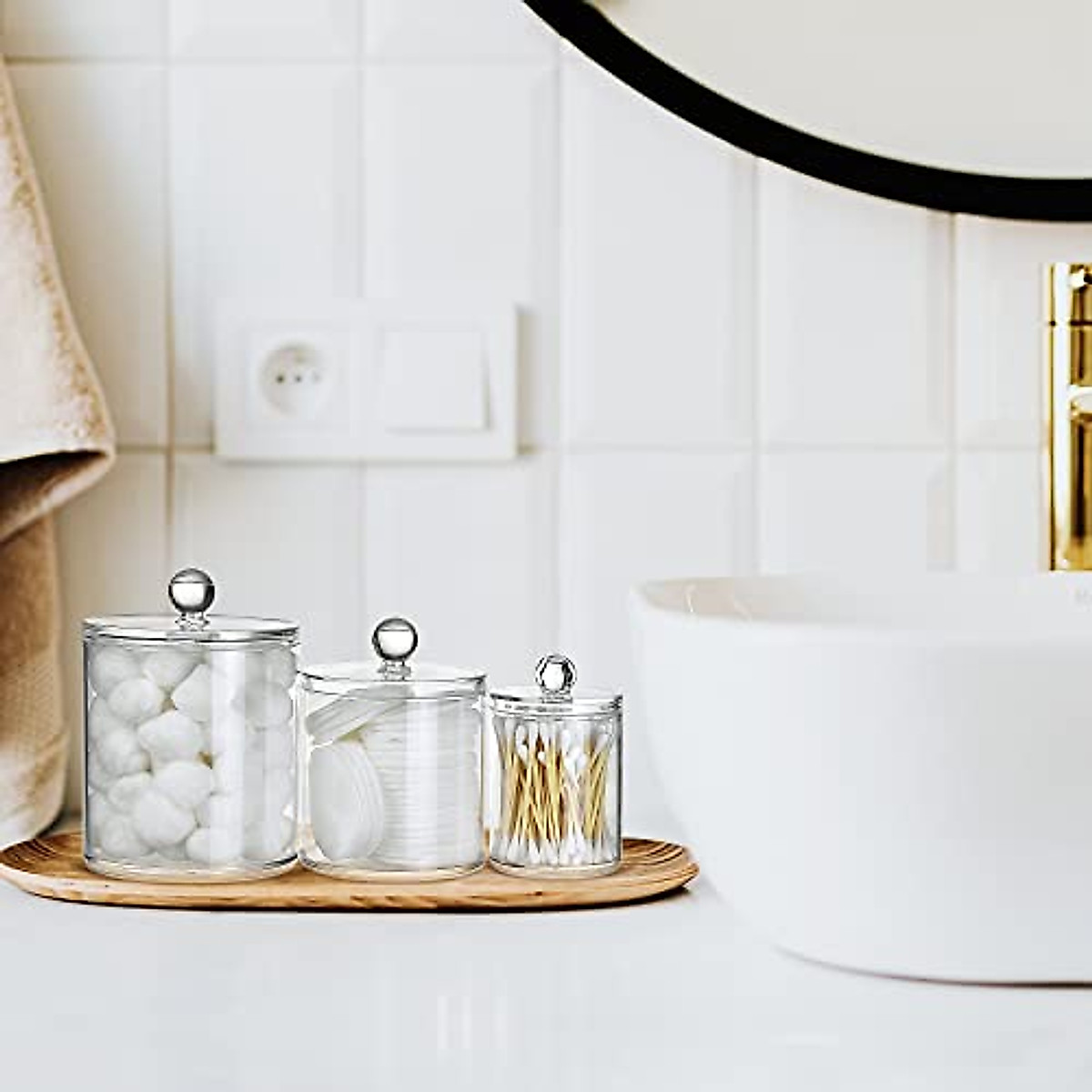 MYITYARD Plastic Apothecary Jars with lid Set, 3 Pack Clear Qtip Holder Dispenser Bathroom Organizer Canisters for Cotton Swab Floss Makeup Sponges