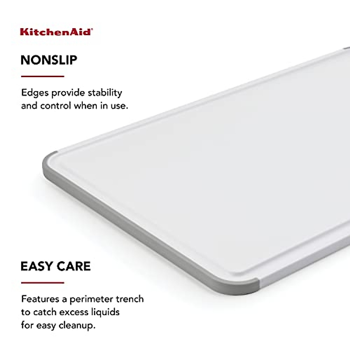 KitchenAid Classic Plastic Cutting Board with Perimeter Trench and Non Slip Edges, Dishwasher Safe, 12 inch x 18 inch, White and Gray