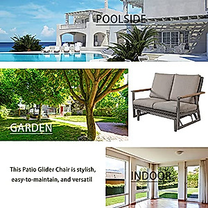 LOKATSE HOME Patio Glider Rocking Chair Outdoor 2 Person Bench Metal Swing Loveseat with Faux Wood Armrest, Wicker Backrest and Thick Cushion, Grey
