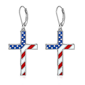 Patriotic 4th of July Earrings for Women Cross Fourth of July American Flag Earrings Dangle Sterling Silver Red White and Blue Veterans USA Independence Day Gifts