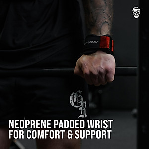 Gymreapers Weight Lifting Grips (Pair) for Heavy Powerlifting, Deadlifts, Rows, Pull Ups, with Neoprene Padded Wrist Wraps Support and Strong Rubber Gloves or Straps for Bodybuilding (Red, Medium)