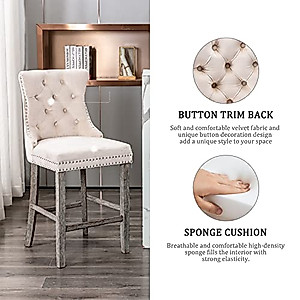 Kiztir Velvet Bar Stools Set of 2, 27" Counter Height Bar Chairs with Button Decor, Nailhead Trim, Solid Wooden Legs, Beige Modern Upholstered Bar Stools for Kitchen, Cafe, Pub