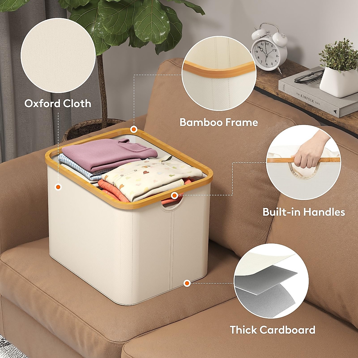 Lifewit 42L Collapsible Storage Bin with Bamboo Handles, Foldable Storage Basket for Organizer, Storage Cubes for Closet and Shelves, Dorm, Laundry Room, Bedroom, White, 3 Pack