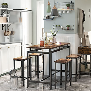 AWQM Bar Table and Stools Set, Rectangle Dining Table Set for 4, Industrial Counter Height Kitchen Bar Table and Chairs Set for Breakfast Nook, Restaurant, Apartment, Small Spaces - Rustic Brown