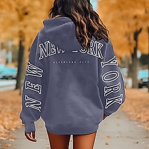 Uscharm Letter Graphic Print Hoodies for Women Oversized Casual Long Sleeve Pullover Tops Drawstring Fall Sweatshirts with Pockets