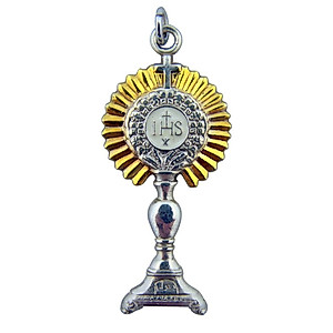 HMHReligiousMfg Gold Toned and Sterling Silver Two Tone Monstrance with Cross Pendant, 1 7/8 Inch