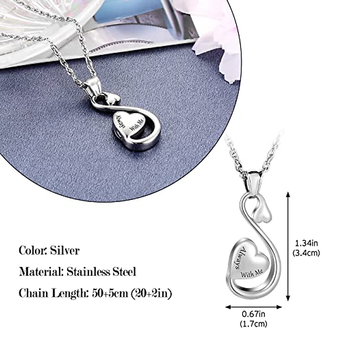 XIUDA Infinity Cremation Necklace for Women Urn Necklace for Ashes Always With Me Ashes Necklace for Loss Stainless Steel Cremation Ash Necklace(Silver)