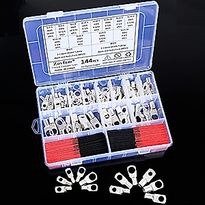 Wire Lugs Battery Cable Lugs AWG 10 8 6 4 Marine Grade Tinned Copper Wire Lugs Battery Cable Ends Eyelets SC Ring Terminal Connectors Assortment Kit with Heat Shrink Set-144Pcs
