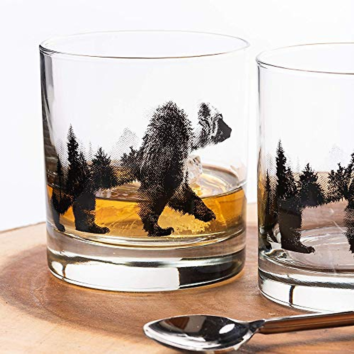 Black Lantern Whiskey Glasses – Handmade Whiskey Glass Set and Bar Glasses – Double Exposure Bear Design (Set of Two 11oz. Glasses)