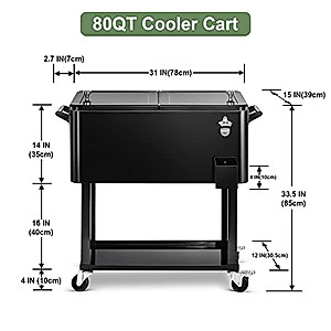 EDOSTORY 80 Quart Black Rolling Ice Chest Cooler Cart,Patio Backyard Party Drink Beverage Bar Stand Up Cooler Trolley with Ice Scoop