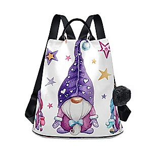 OTVEE Magic Gnomes with Stars Backpack Purse for Women, Gnomes Anti-Theft Casual Daypack Fashion Ladies Backpack Shoulder Bag Travel Backpack with Keychain