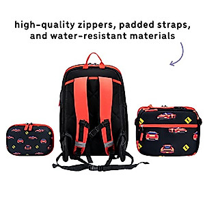uninni Race Car Kids Backpack Set for Age 6+, fits for height 3'9" above kids with Lightweight Insulated Lunch Bag and Cute Pencil Case for Boys and Girls