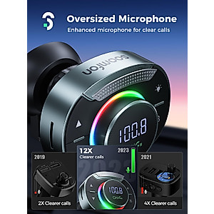 Bluetooth 5.3 FM Transmitter for Car - SOOMFON Bluetooth Car Adapter with Big Mic Bass Stereo Hi-Fi Sound, PD30W QC18W FM Bluetooth Transmitter Car Charger Support Hands-Free Calls, Aux Out, TF Card