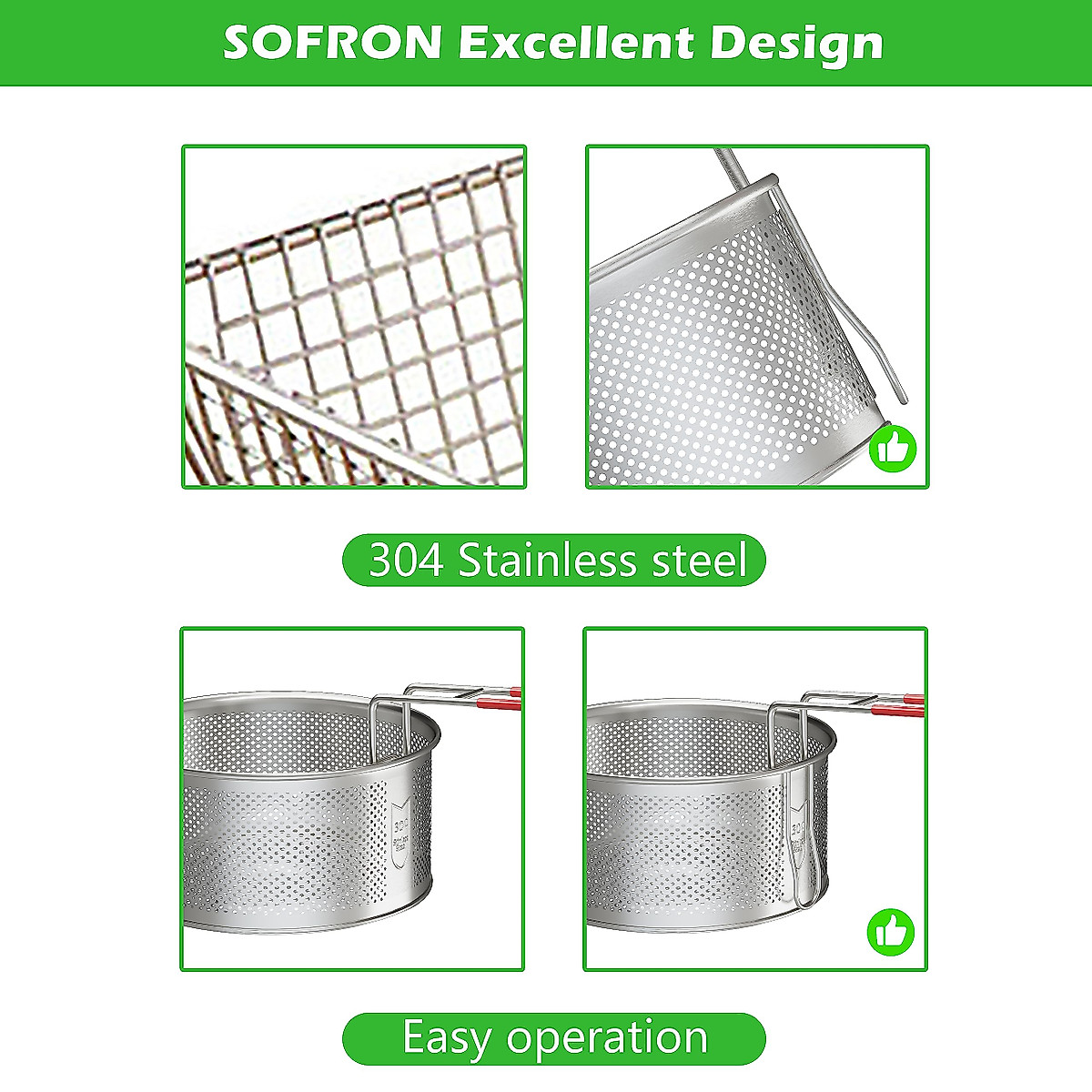 SOFRON Deep Fryer Basket 7.87" x 4", Round Stainless Steel Fry Baskets With Handle and Resting Hook for French Chips, Onion Rings, Chicken Wings and Pasta, Large