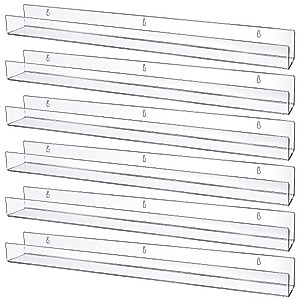 6 Pack Kids Acrylic Floating Bookshelf 36 Inch Clear Wall Ledge Shelf Wall Mounted Clear Spice Rack Toy Storage Wall Shelf Drilling Invisible Display Organizer Shelf for Nursery Room Bathroom Dorm
