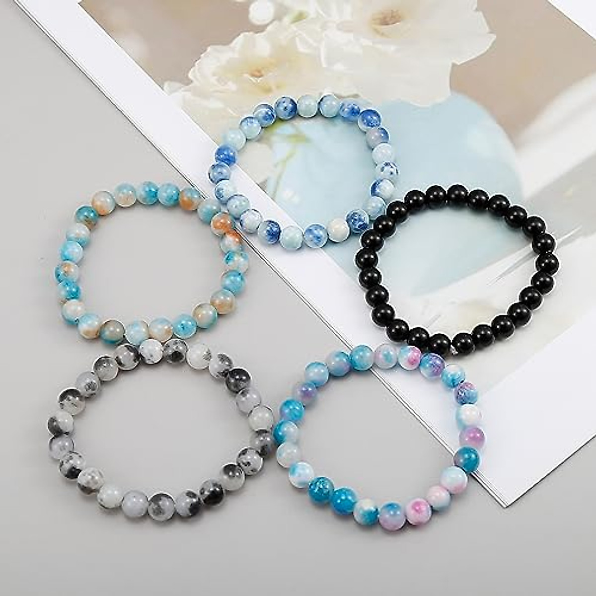 BOMAIL 5PCS Semi-Precious Gemstone Bracelet - Gemstones Crystal Beaded Bracelets for Women Reiki Healing Stone Stretch Bracelet 8mm Round Beaded Bracelets Gifts
