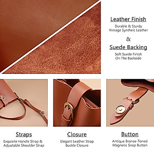 Town Bucket Vegan Leather Bag For Women (Light Brown Camel) Hobo Retro Faux Casual Purse Classic Vintage Simple Shoulder Handbag