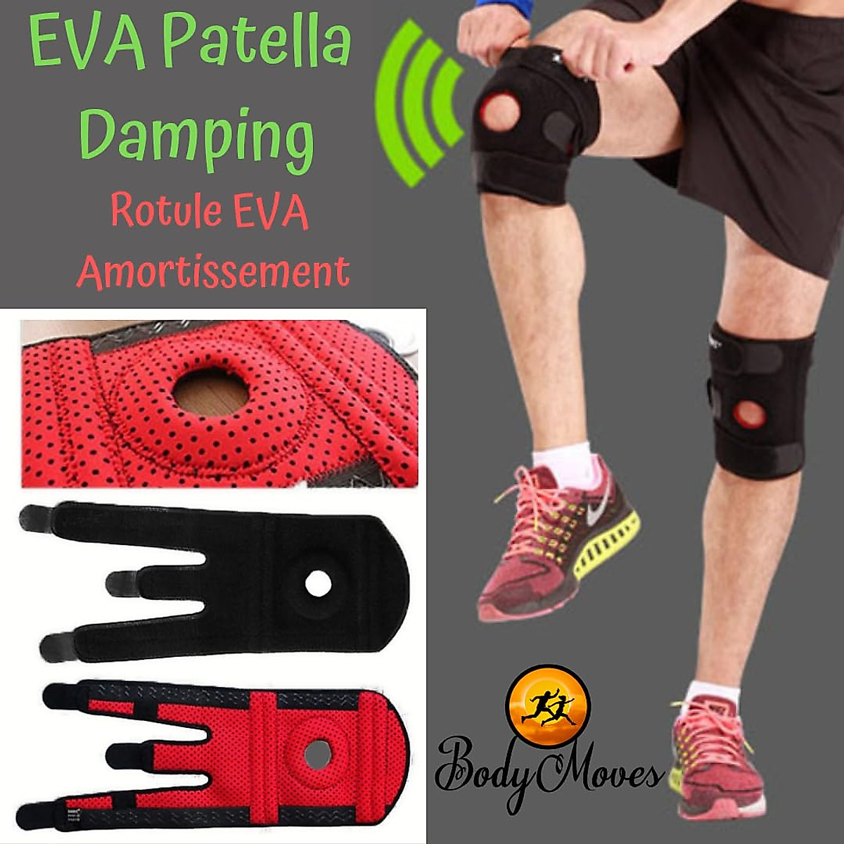 BodyMoves Kid's Knee Brace Support Plus Hot and Cold Ice gel Pack for stabilizing patella meniscus tear ligament injury prevention (SPORTY BLACK)