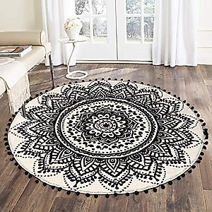 LIVEBOX Boho Area Rug 4ft Black and Cream Mandala Round Bedroom Rug with Chic Pom Pom Fringe Non-Slip Machine Washable Ultra Soft Indoor Sofa Floor Mat for Living Room Playroom Kids Room