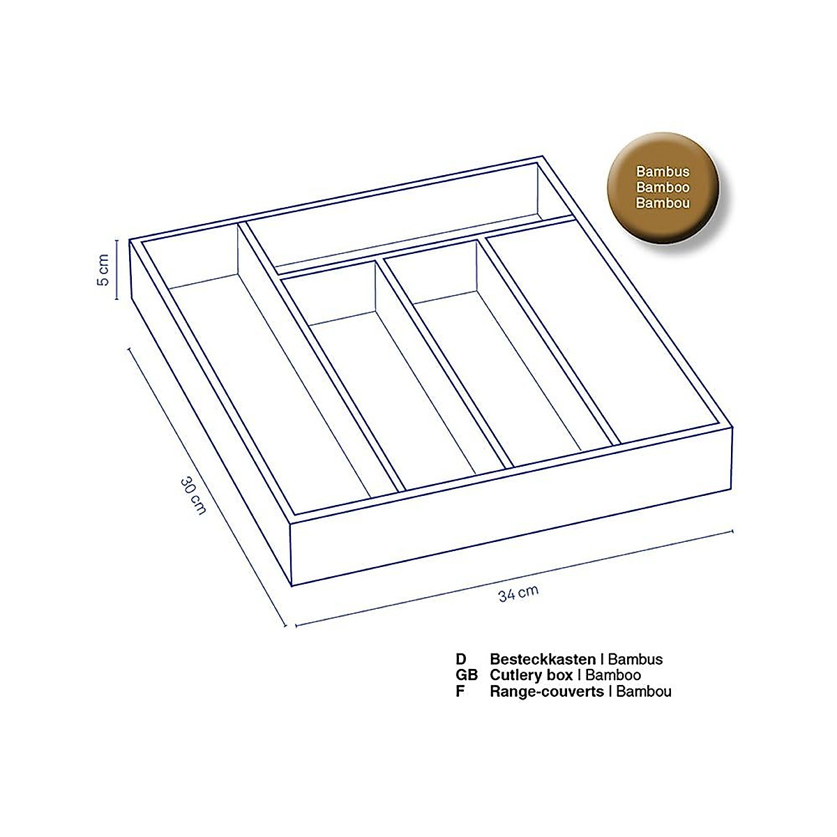 Kela Kalma 12013 Cutlery Tray, Drawer Divider with 8 Compartments, Removable, 35 x 43 x 6.5 cm, Bamboo, Bamboo, Bamboo, 5 Fächer