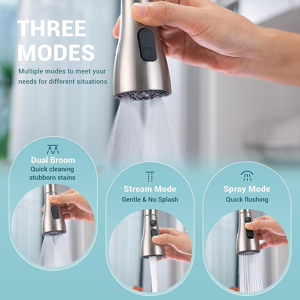 DAYONE Kitchen Fuacet with Soap Dispenser Brushed Nickel, 3 Modes Stainless Steel for 1/2 Holes Kitchen Sink, 360° Single Handle High Arc Sink Faucet with Pull Down Sprayer, DAY-CR0014