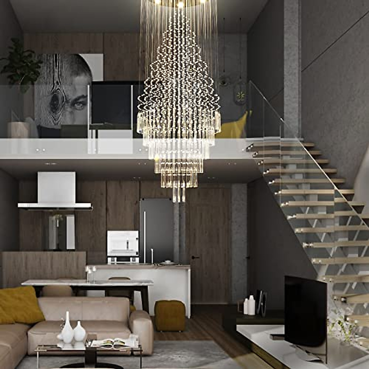 Luxury Large Foyer Chandelier, Modern 12-Lights Round Raindrop Crystal Chandeliers High Ceiling Flush Mount Light Fixtures for LivingRoom Entryway, Stairs D31.5 X H86.7 of CRYSTOP