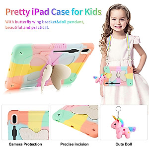 for Galaxy Tab S8 Plus Case for Galaxy Tab S7 FE Case with Screen Protector Butterfly Stand Strap Dolls Pencil Holder Hard Cover Kids Girls for Galaxy Tab S8+ 2022/S7 FE 2021/S7+2020 12.4''-Pink