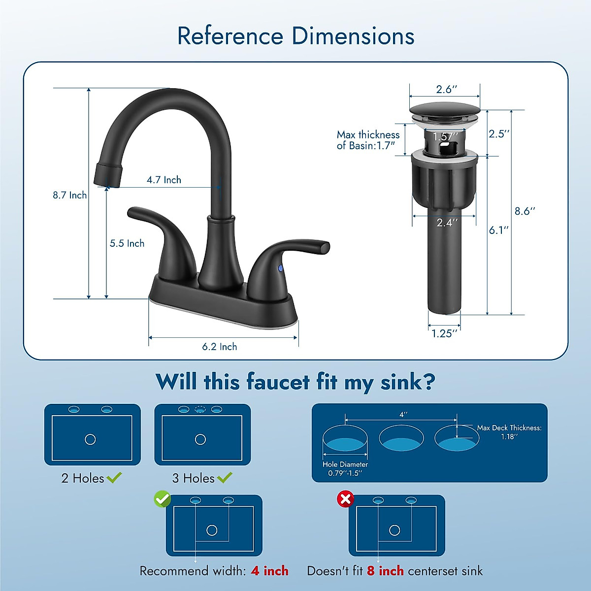 Cinwiny Bathroom Sink Faucet 4 Inch 2 Handle Bathroom Faucet 360° Swivel Spout Deck Mounted Vanity Faucet with Water Supply Hoses,Matte Black,with Pop up Drain