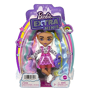 Barbie Extra Minis Doll #6 Wearing Flower Print Dress with Rainbow Hair, Doll Stand & Accessories Including Sunglasses & Purse, 5.5-inch