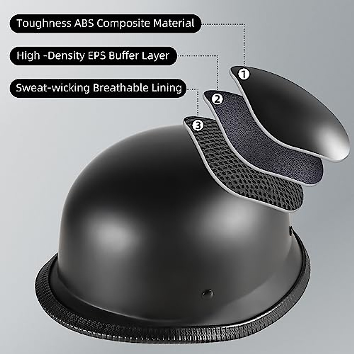 German Style Motorcycle Helmet, Thin Skull Cap Half Helmet for Adult Men Women, Novelty DOT Half Shell Helmet, Retro Half Face Helmet for Cruiser Scooter Chopper, DOT Approved (Matte Black, X-Large)