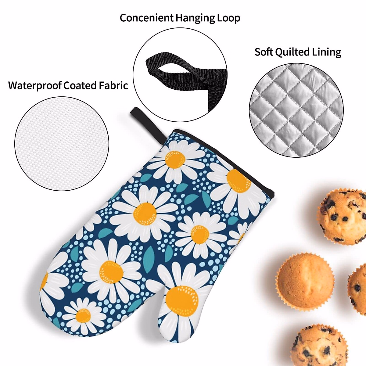 Oven Mitts and Pot Holders Sets of 4 High Heat Resistant Daisy Flowers Oven Mitts with Oven Gloves and Hot Pads Potholders for Kitchen Baking Cooking BBQ Non-Slip Cooking Mitts