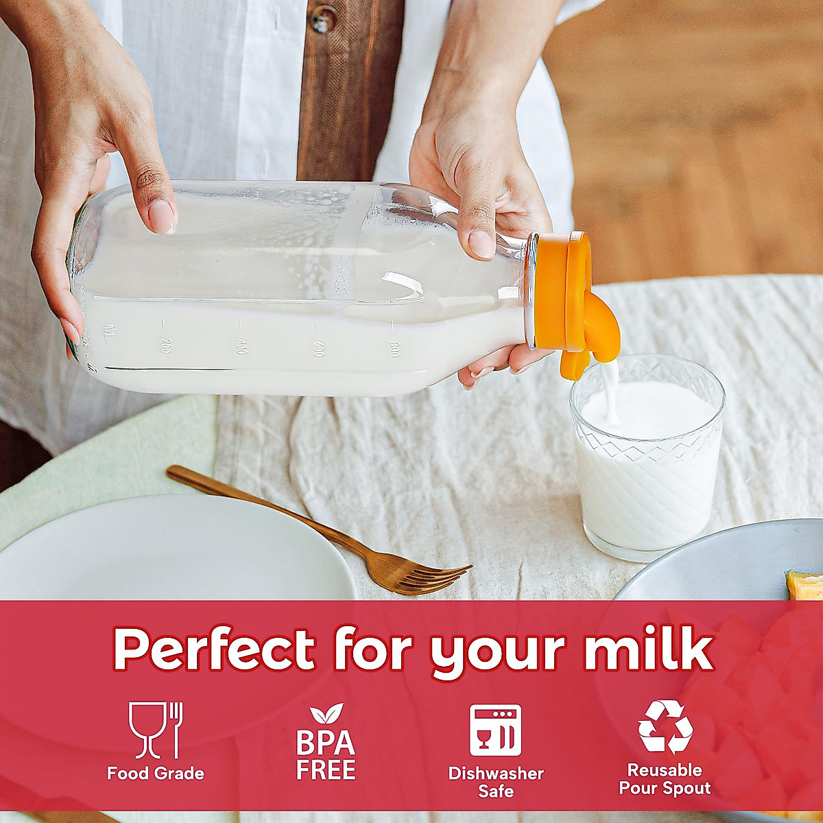 Dwbligt 32 oz Empty Glass Milk Bottles with Silicone Dispenser Cap, Glass Water Bottles with Leak Proof Lid and Scale Mark, Reusable Glass Jars for Juice, Milk, Iced Tea, Set of 3