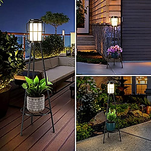 2 Pack Solar Lights Outdoor with Plant Stands, Solar Floor Lamp, Solar Powered Street Lights Metal Tripod Deck Lights for Garden Yard Pathway Driveway Porch