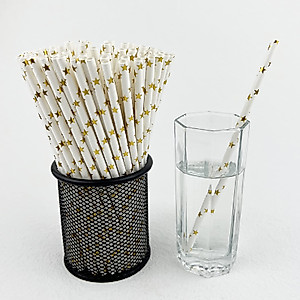 YAOSHENG Paper Straws for drinking, Pack 100 Gold Stars Paper Straws for Cocktail Party Supplies,Birthday,Wedding,Bridal/Baby Shower,Juice,shakes,Smoothies
