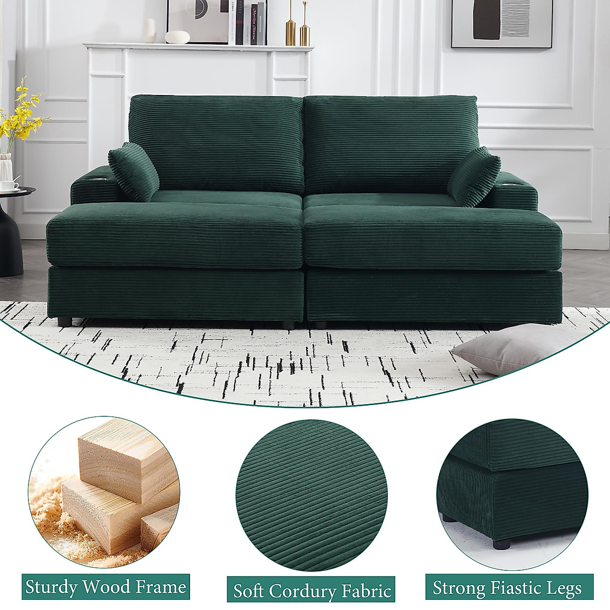 Tmsan 82.7" Oversized Deep Seat Loveseat with Ottomans, Corduroy Double Chaise Sleeper Sofa, Modular Sectional Cloud Couch with Cup Holders & USB Ports for Living Room Apartment Office (Green)