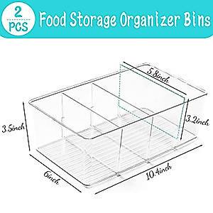 HANSGO Food Storage Organizer Bins, 2PCS Stackable Clear Plastic Organizer Bins with 6 Dividers Removable Pantry Organization and Storage Bins for Cereal Snacks Tea Seasoning