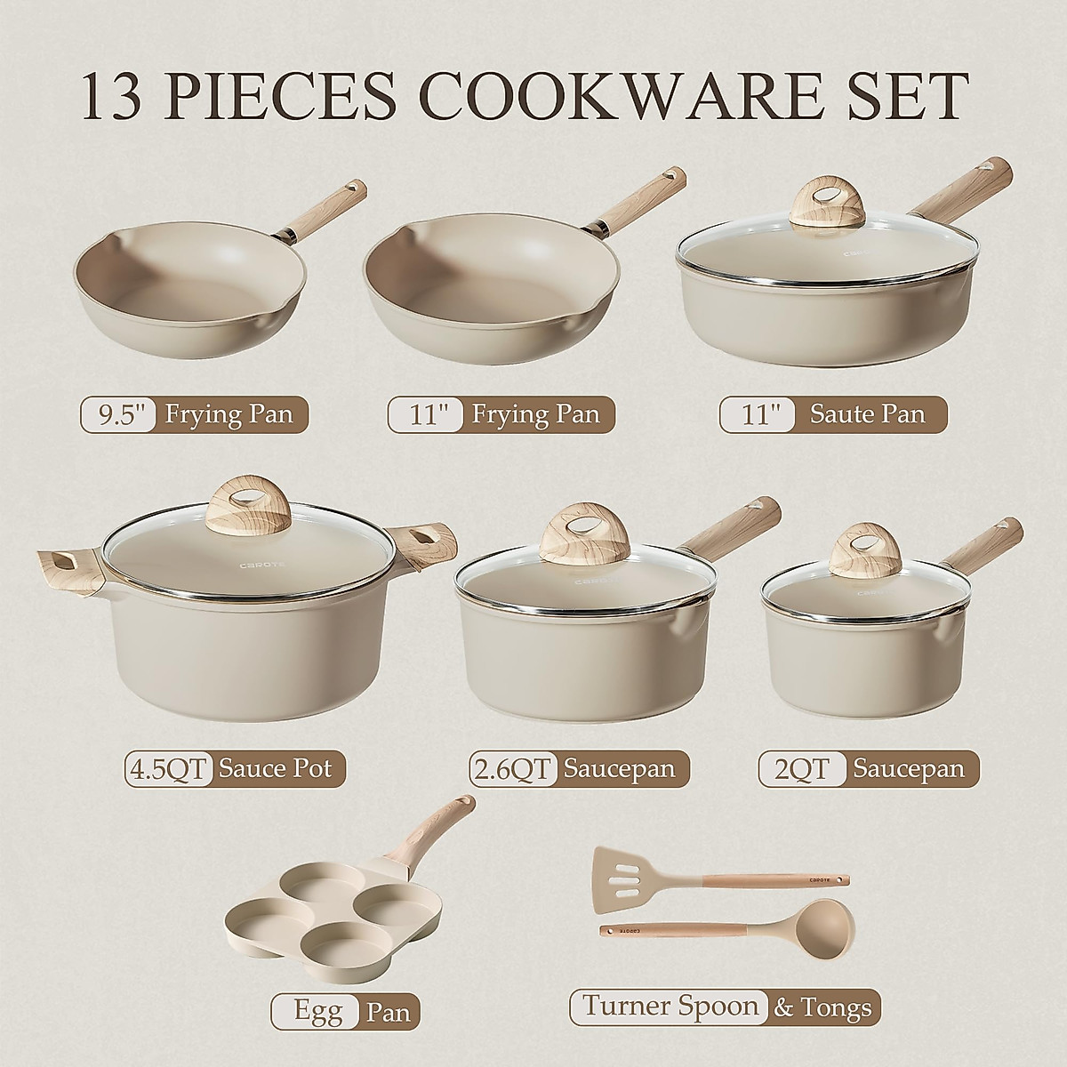 CAROTE 13pcs Pots and Pans Set Non Stick, Nonstick Kitchen Cookware Sets, Granite Pots Set, Kitchen Induction Pots and Pans Cooking Sets, Taupe