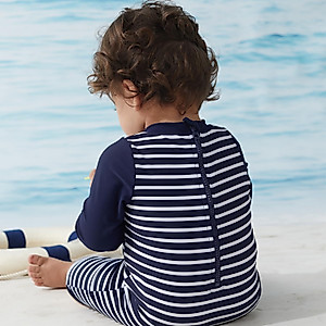 UMELOK Newborn Boys UPF 50+ Sun Protectied Swimsuit with Snap Bottom (Blue,Stripes 0-3 Months)